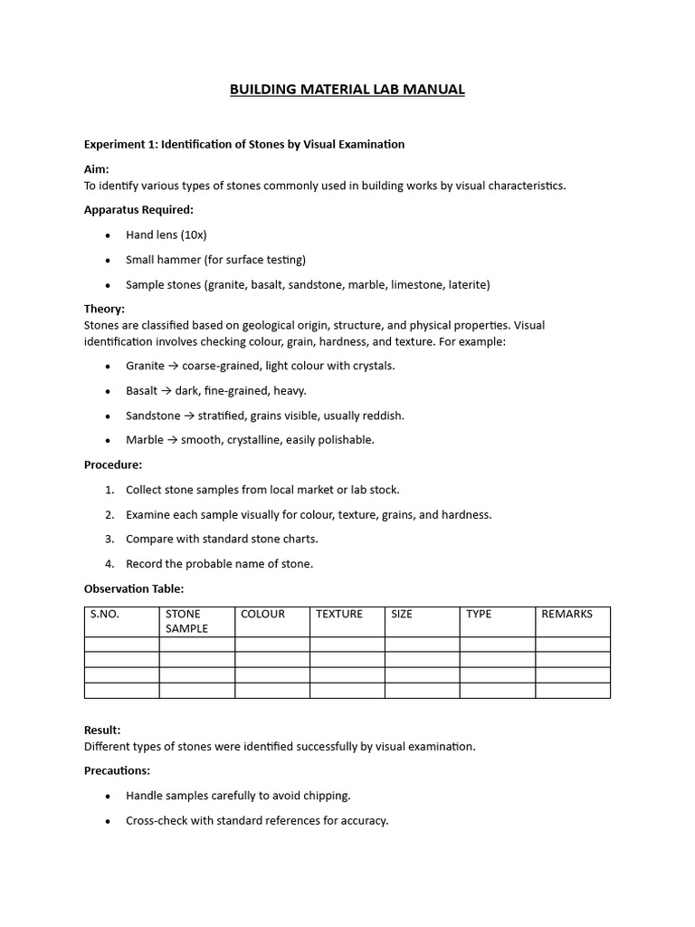 Building Materials Lab Manual Guide | PDF | Rock (Geology) | Brick