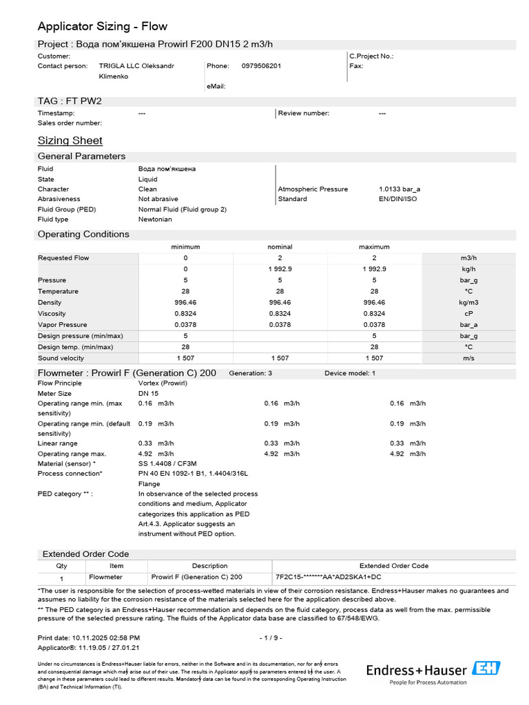 Prowirl F200 Flowmeter Sizing Sheet | PDF | Flow Measurement ...