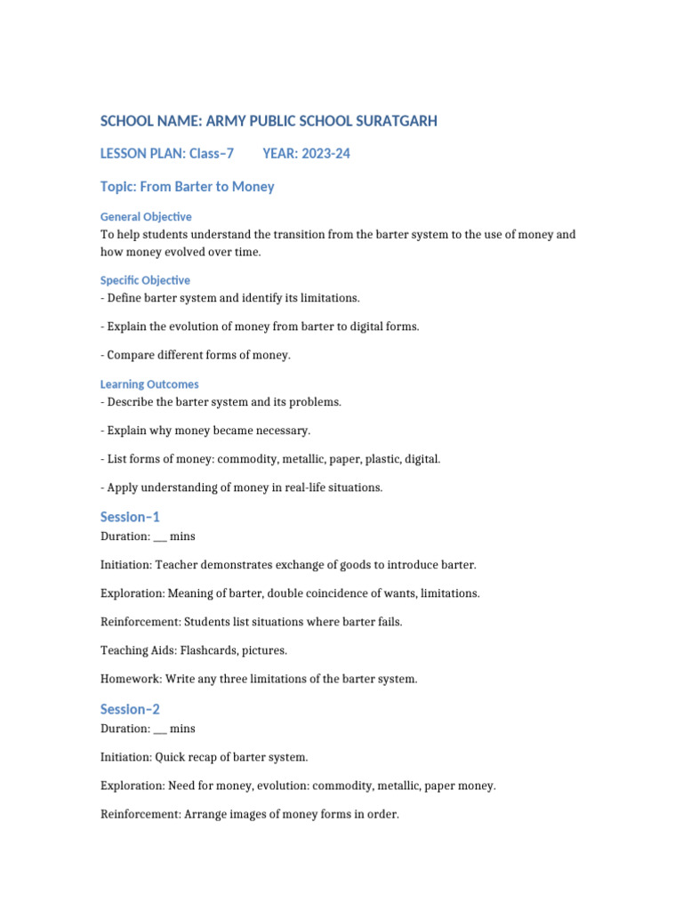 Barter To Money LessonPlan | PDF