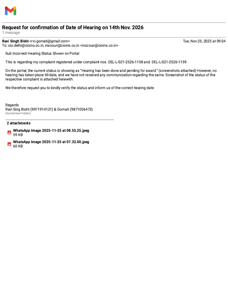 Gmail - Request For Confirmation of Date of Hearing On 14th Nov. 2026 | PDF