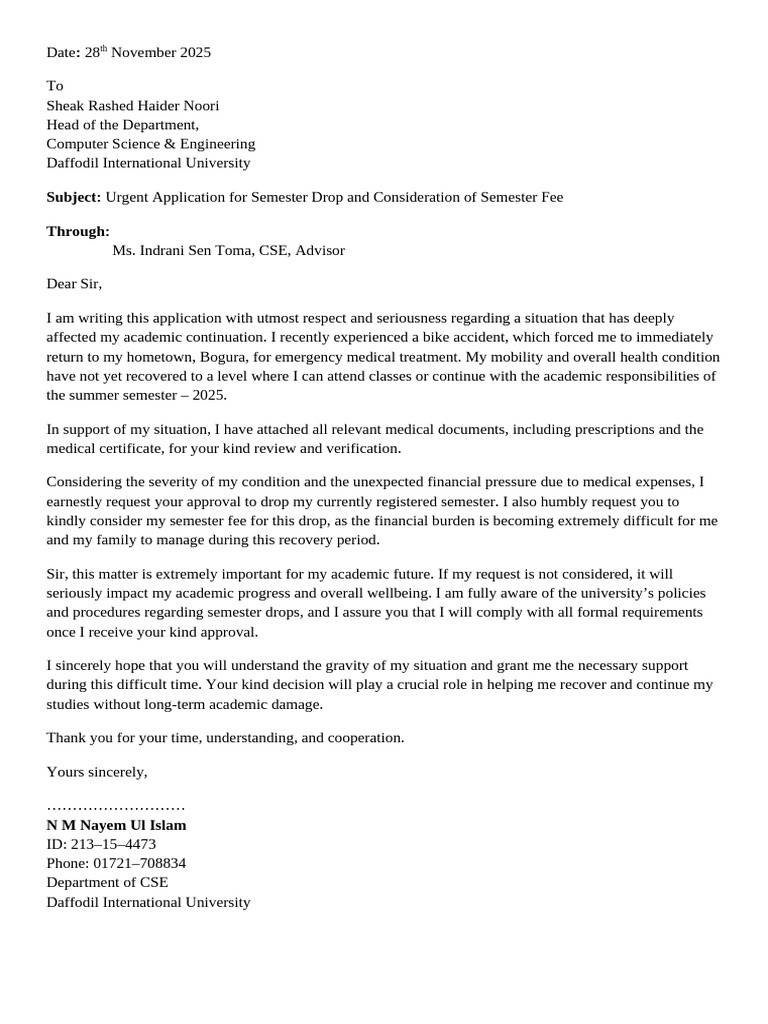 Urgent Semester Drop Request Due to Accident | PDF