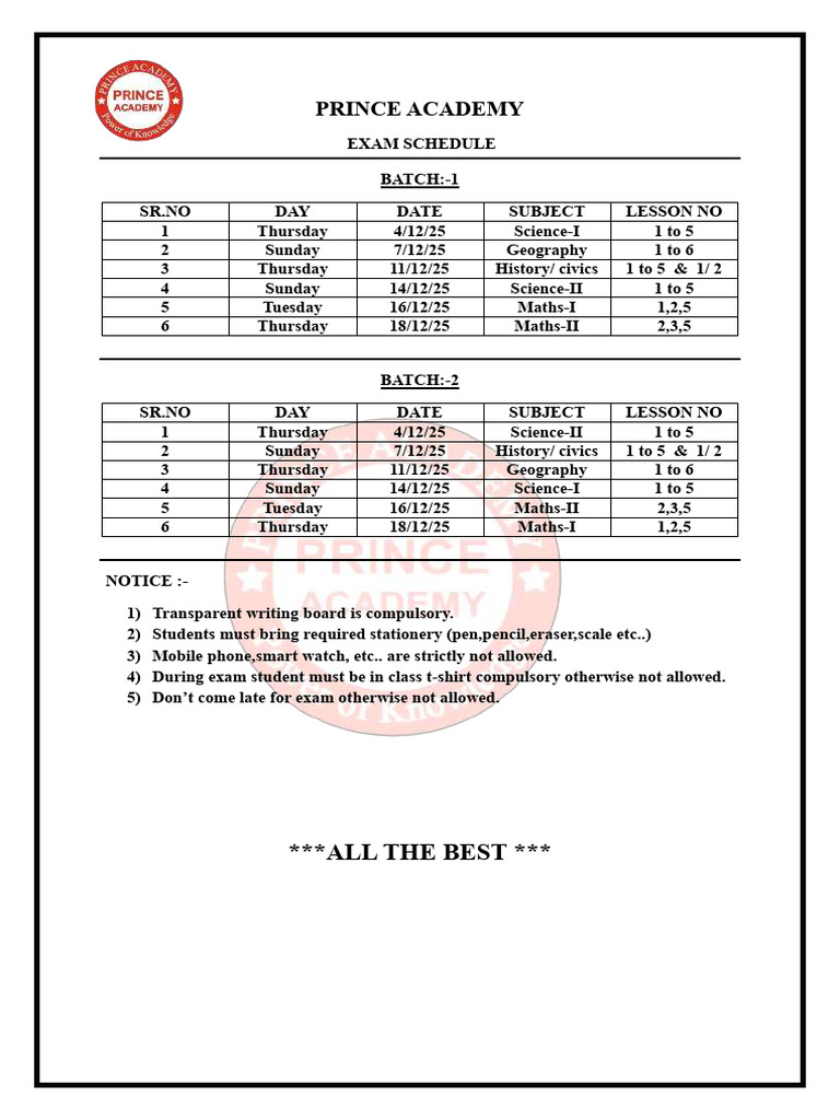 Prince Academy Exam Schedule 2025 | PDF