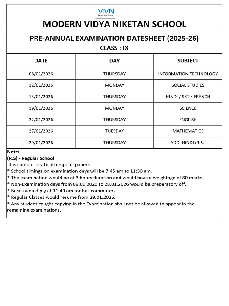 Class IX Pre-Annual Exam Schedule | PDF