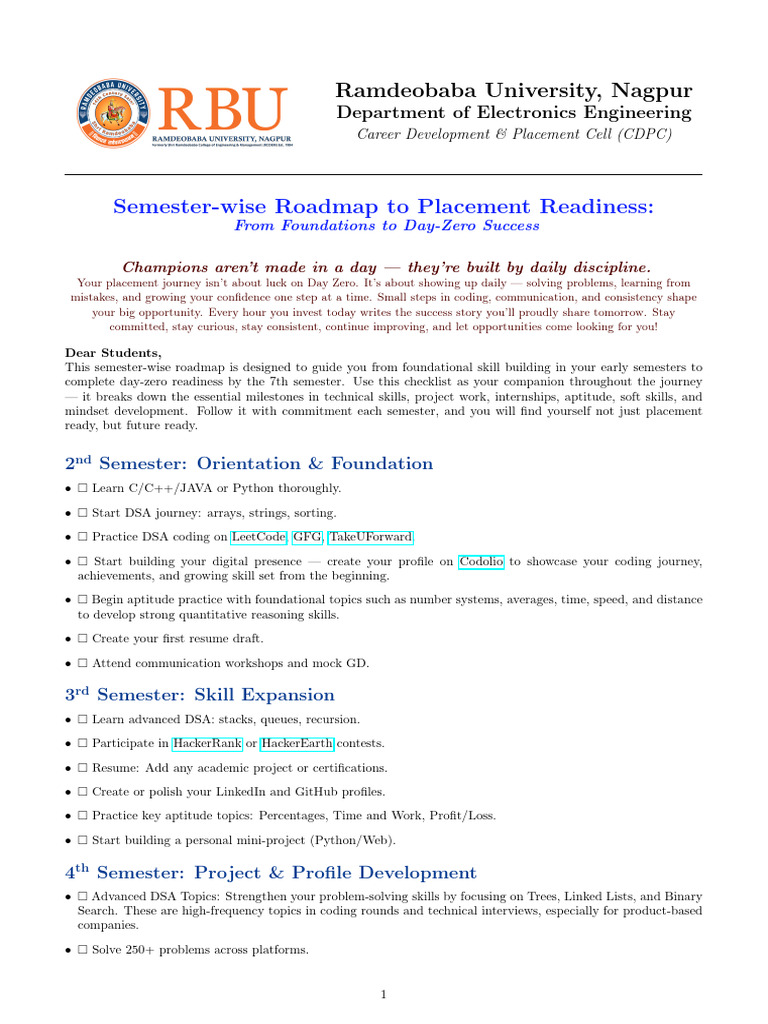 Semester-wise Roadmap to Placement Readiness | PDF | Computing | Computer Programming