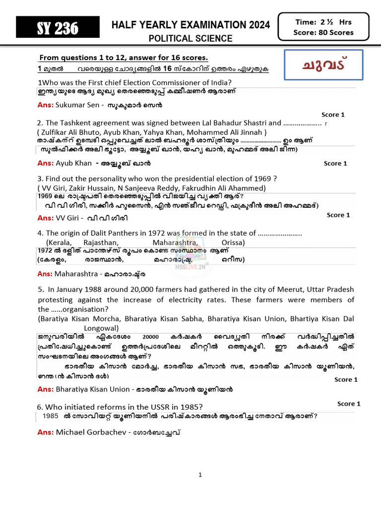 Hsslive Xii Politics KEY Dec 2024 | PDF