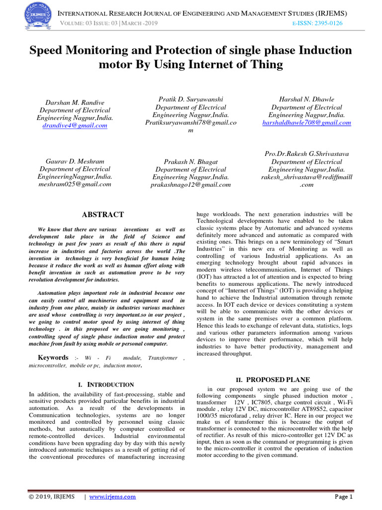 Speed Monitoring and Protection of Single Phase Induction Motor by ...