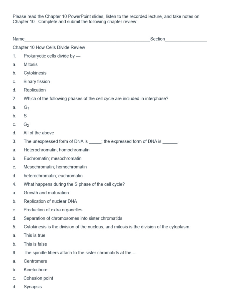 Chapter 10 How Cells Divide LECTURE | PDF | Mitosis | Cell Cycle