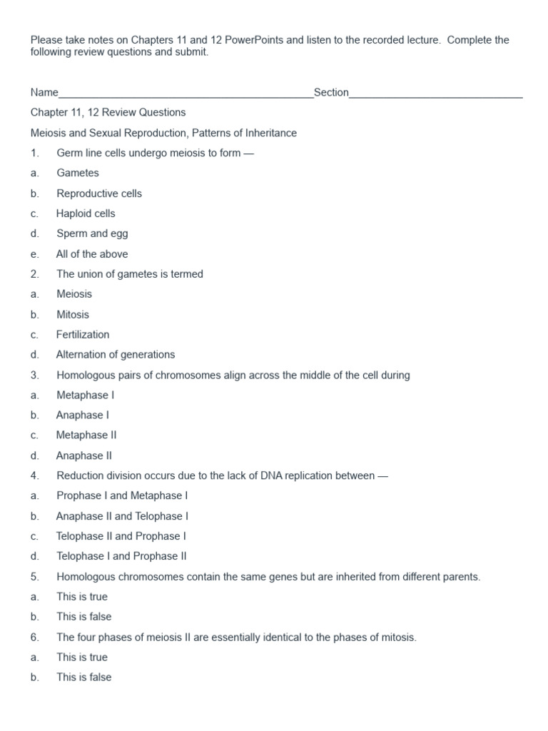 Chapter 11 Meiosis - Chapter 12 Patterns of Inheritance LECTURE | PDF ...