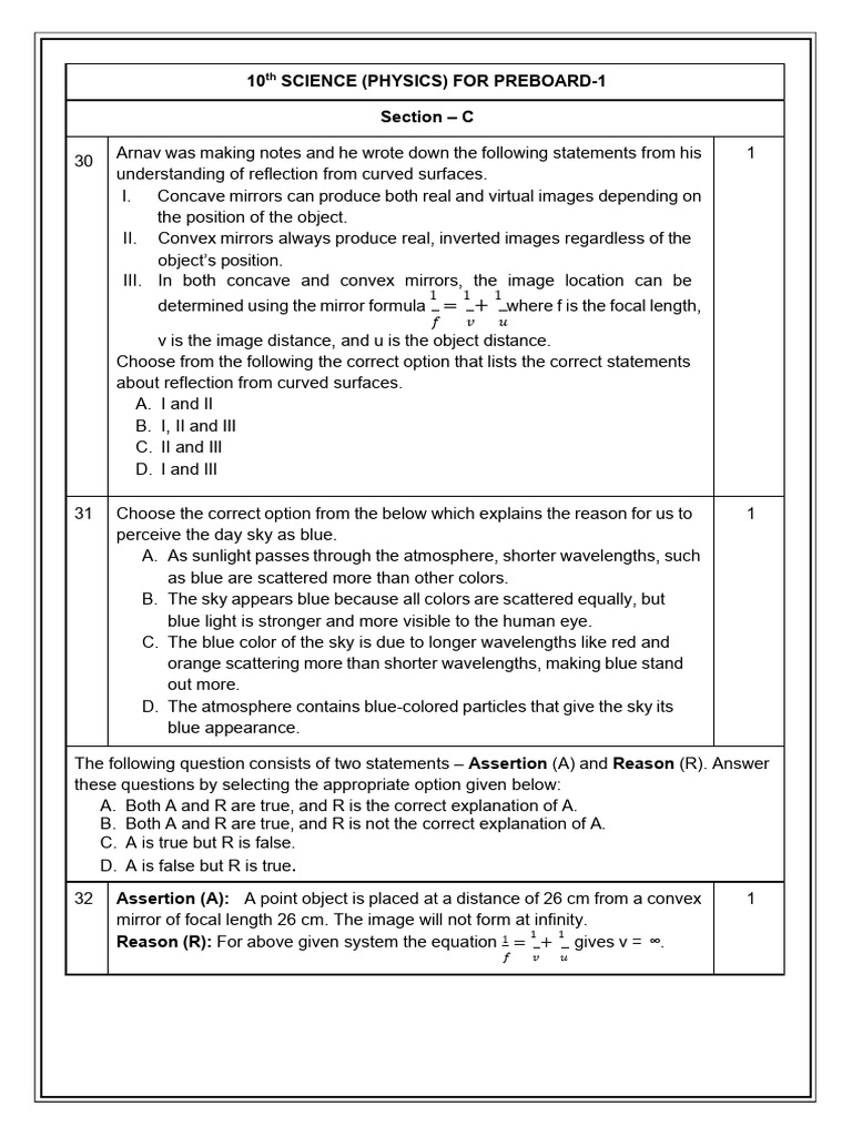 10th Grade Physics Preboard Questions | PDF | Camera | Mirror