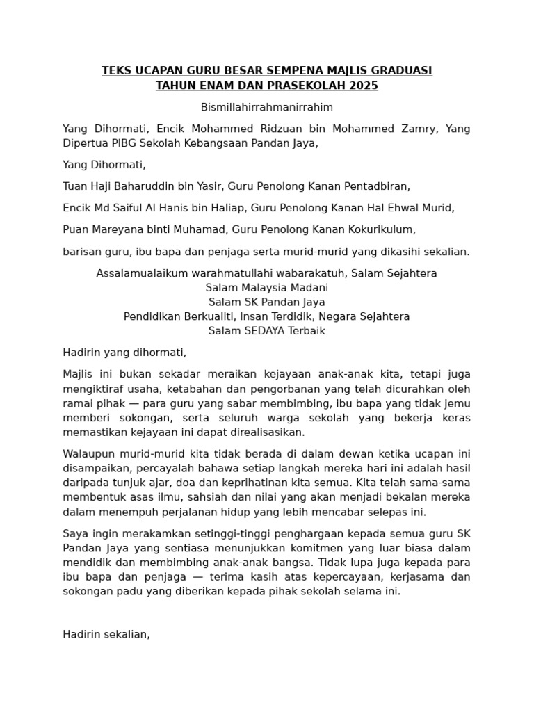 Ucapan Graduasi SK Pandan Jaya 2025 | PDF