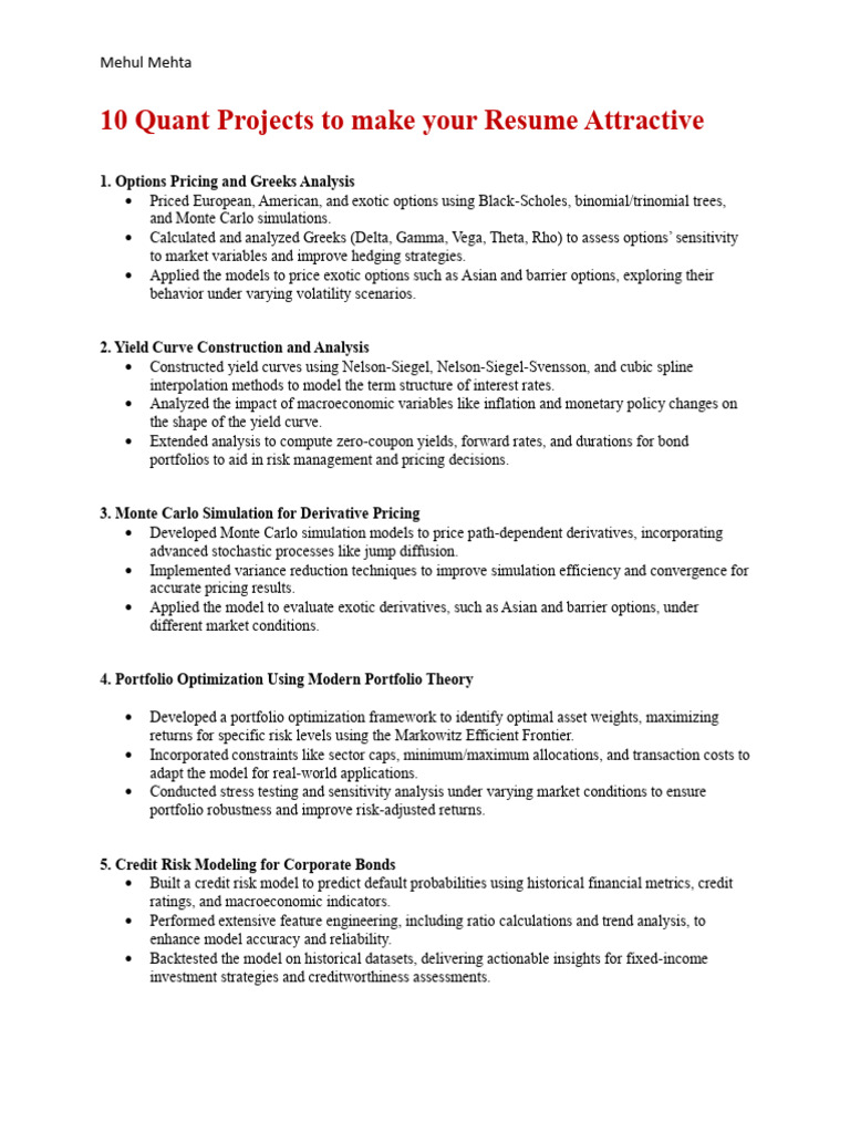 10 Quant Projects to Enhance Your Resume | PDF | Greeks (Finance ...