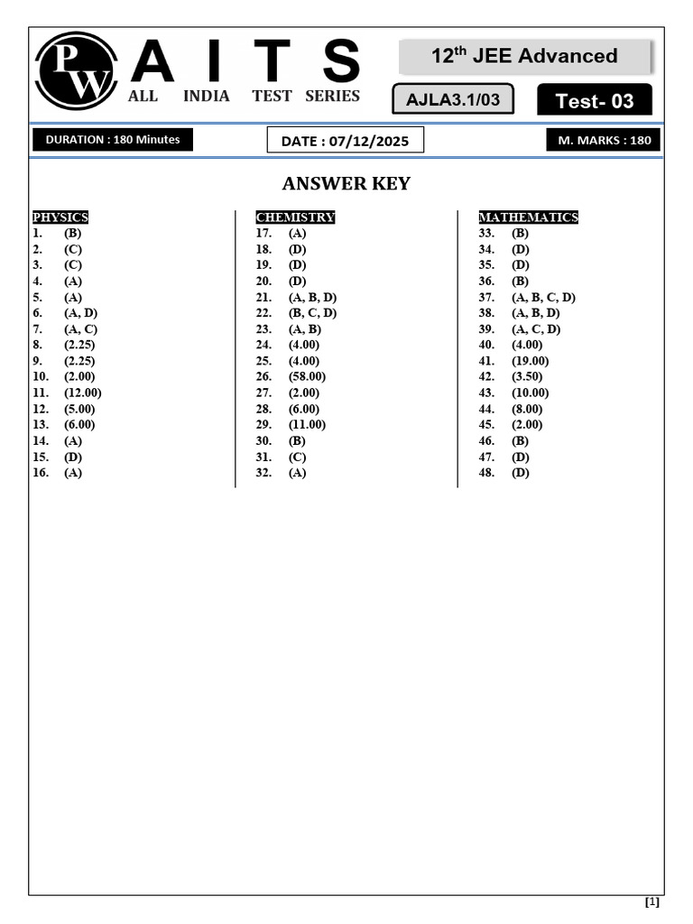 JEE Advanced 12th Answer Key 2025 | PDF | Electric Field | Dipole