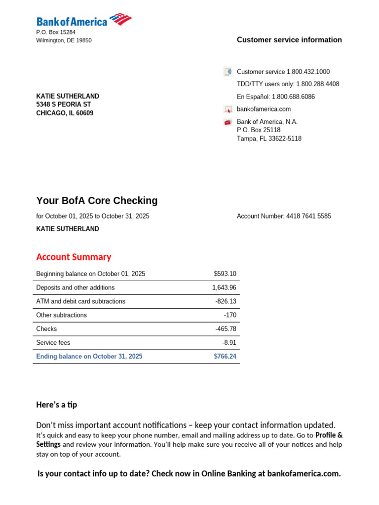 Bank of America Bank Statement | PDF