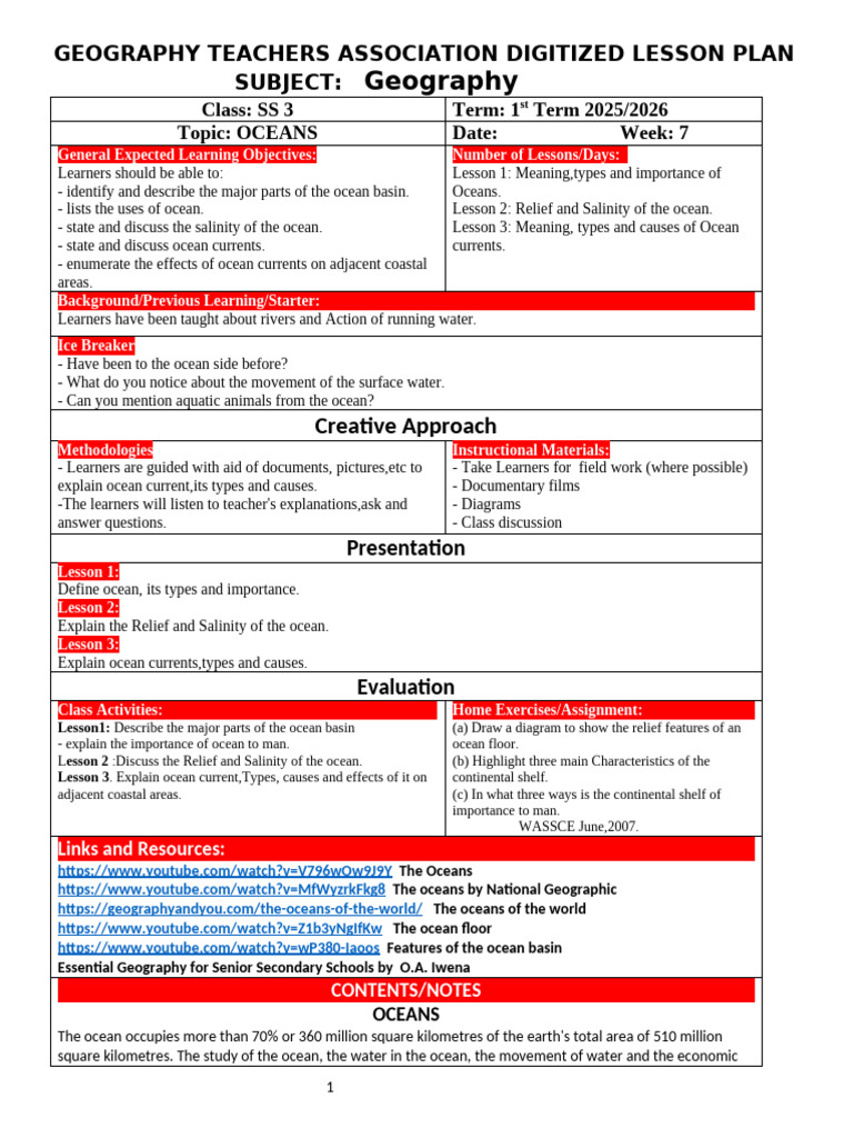 SS3 Geography 1st Term Week 7 OCEANS | PDF | Oceans | Continental Shelf