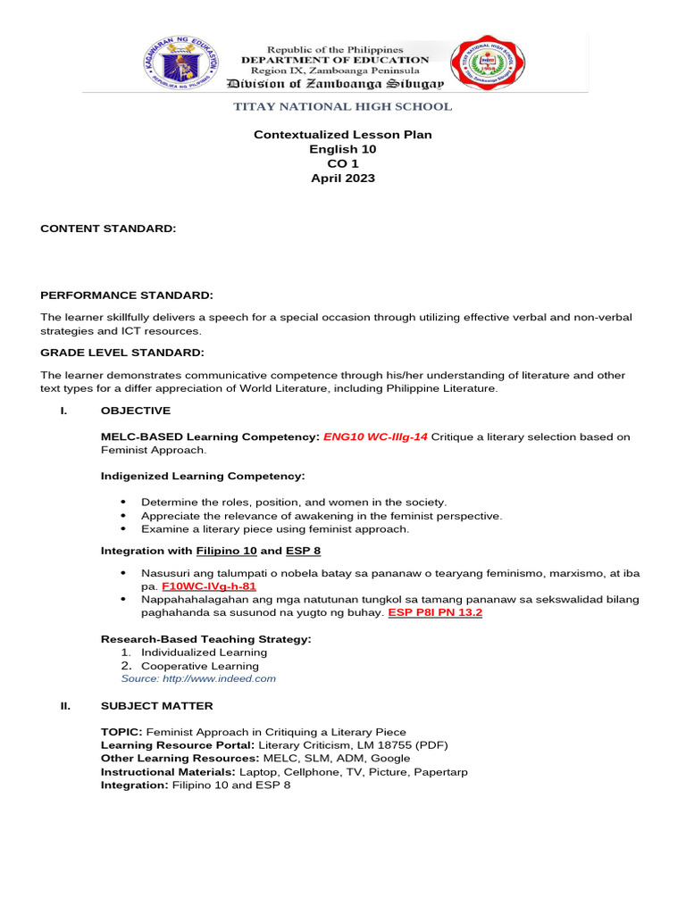 Feminist Literary Critique Lesson Plan | PDF | Lesson Plan | Learning