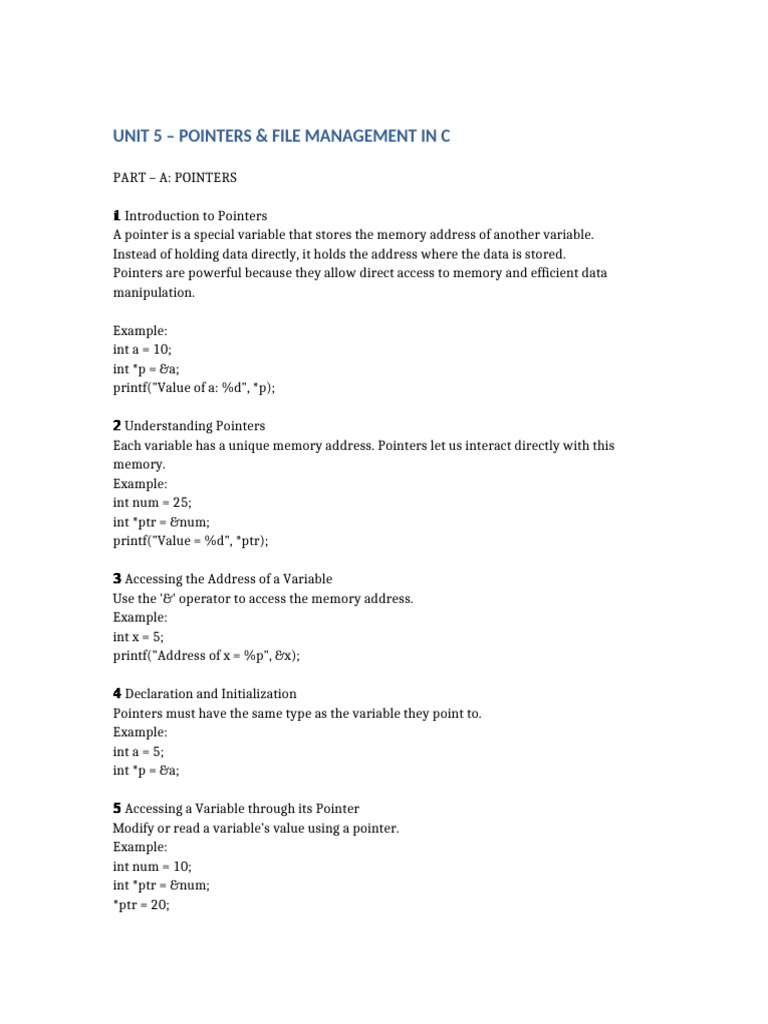 Unit5 Pointers File Management | PDF | Pointer (Computer Programming) | Computer Data