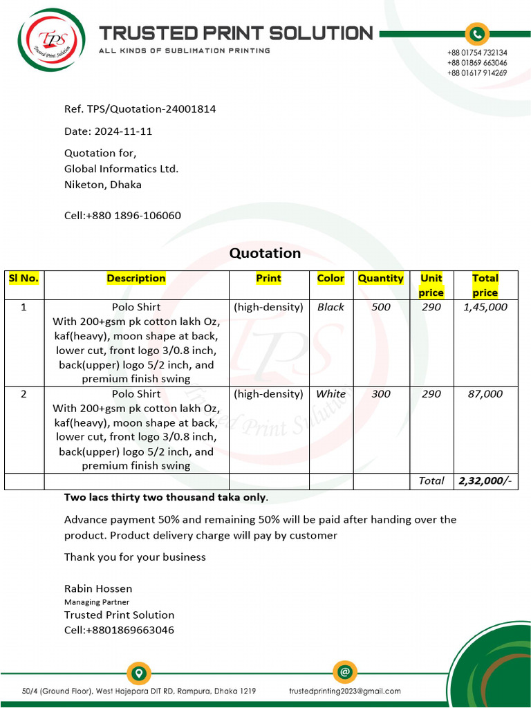 Global Informatics Ltd. Quotation | PDF