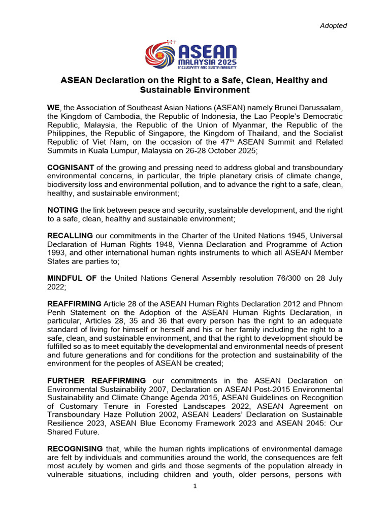 ASEAN Declaration On The Right To A Clean Safe Healthy and Suitable ...
