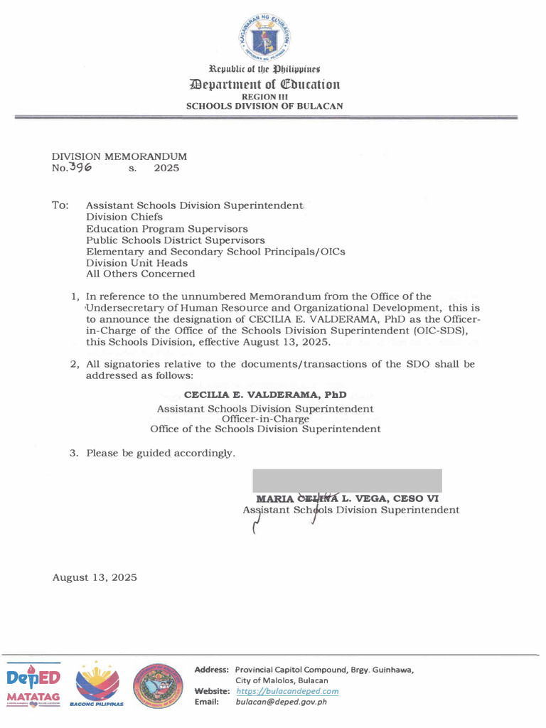 Designation of New OIC for Schools Division | PDF