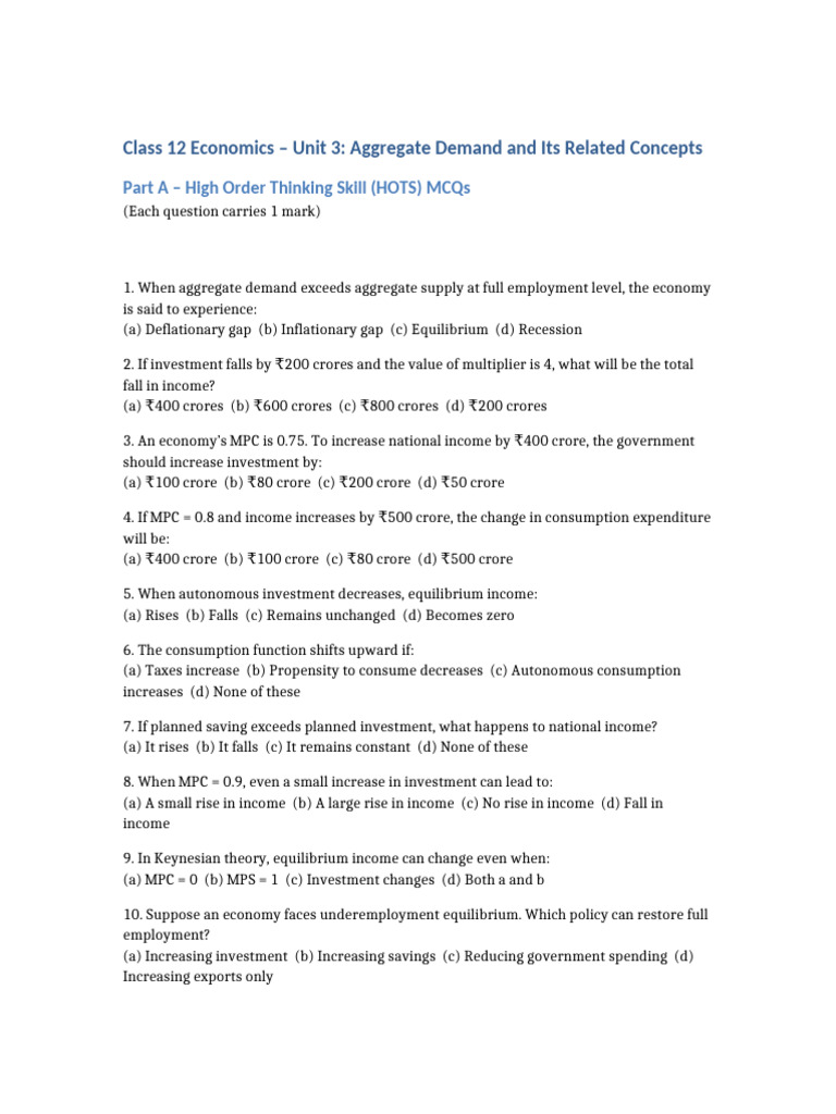 Class 12 Economics: Aggregate Demand MCQs | PDF | Fiscal Multiplier ...