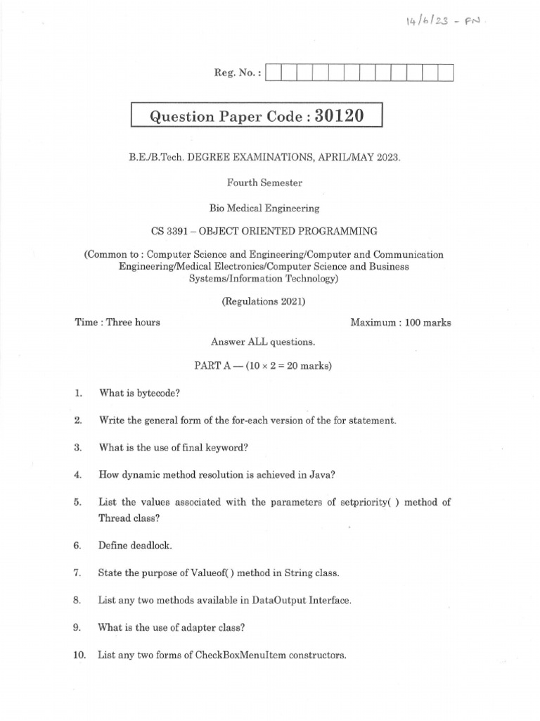 CS3391 - Object Oriented Programming - R2021 - 2023 April | PDF