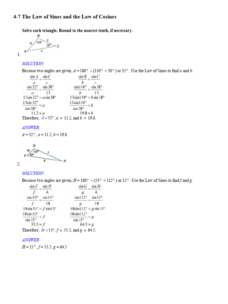 4 7 The Law of Sines and The Law of Cosines | PDF | Trigonometric ...