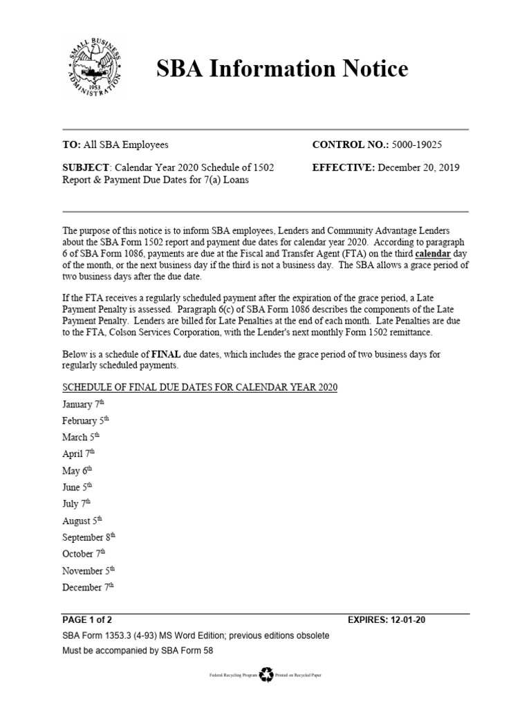5000-19025 Calendar Year 2020 Schedule of 1502 Report Payment Due Dates ...