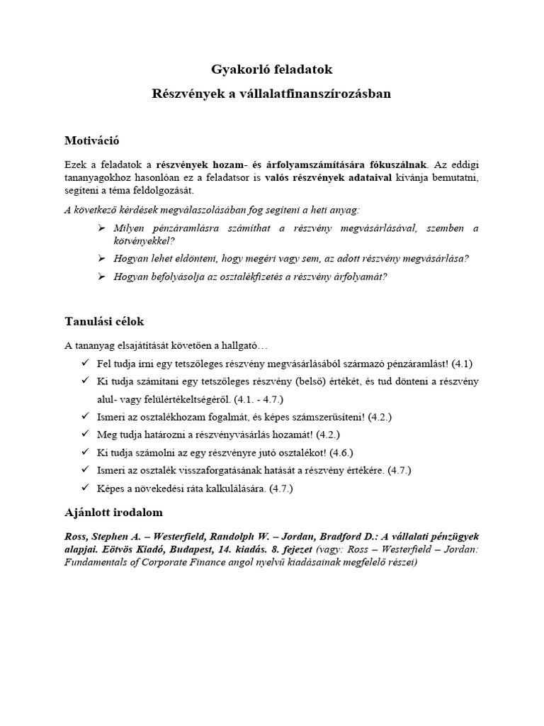 2B Részvények Feladatok Megoldással | PDF