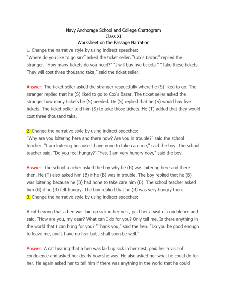 Worksheet On Passage Narration | PDF