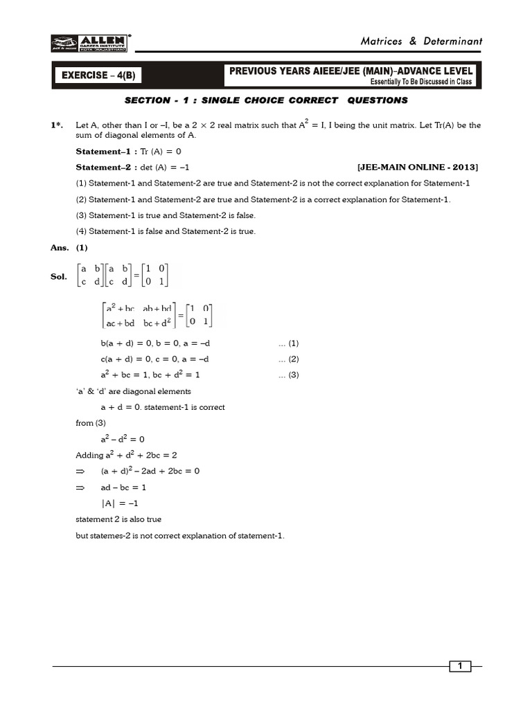 JEE Matrix and Linear Algebra Questions | PDF | Matrix (Mathematics ...