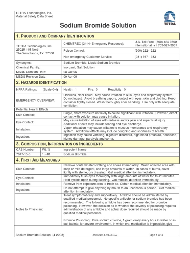 Sodium Bromide Solution MSDS | PDF | Personal Protective Equipment ...