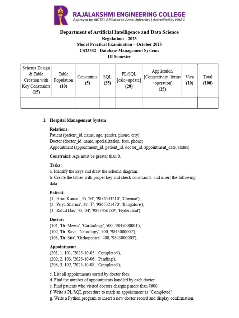 Cs23332 - Dbms Model Lab Exam Questions | PDF | Databases | Data Management