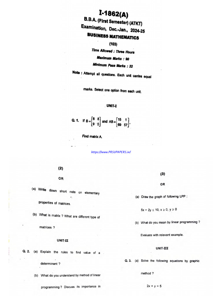 Bba 1 Sem Bussiness Mathemetics I 1862 A Jan 2025 | PDF