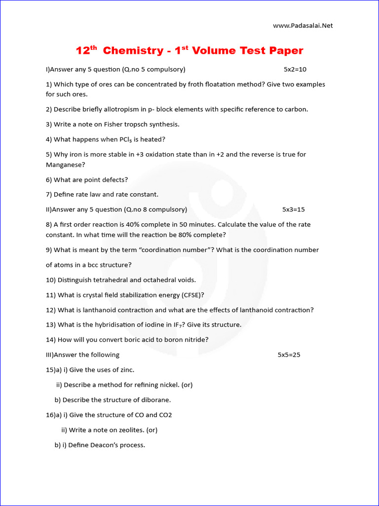 12th Grade Chemistry Test Paper Volume 1 | PDF | Chemical Compounds | Atoms