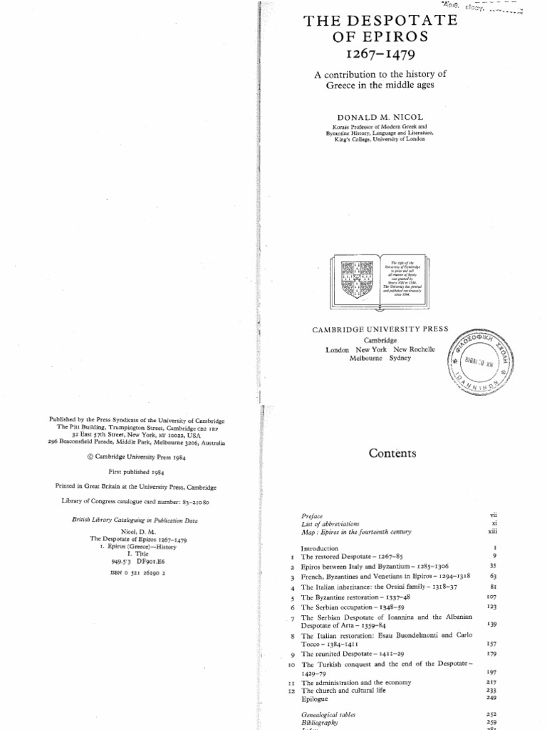 Nicol, Donald. The Despotate of Epiros 1267-1479. A Contribution To The ...