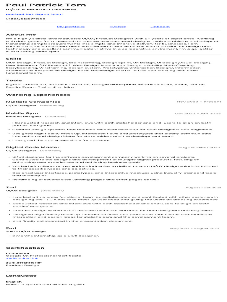 UIUX Paul Patrick Resume | PDF | User Interface | Design