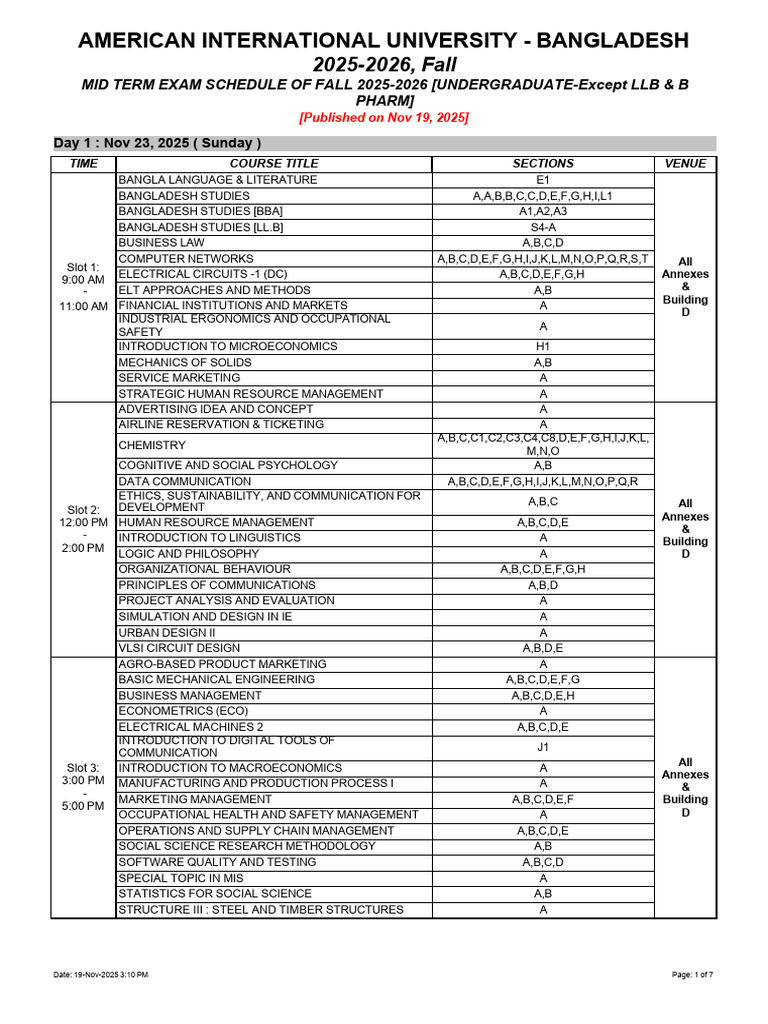 Mid Term Exam Schedule of Fall 2025 2026 [Undergraduate Except Llb & b ...