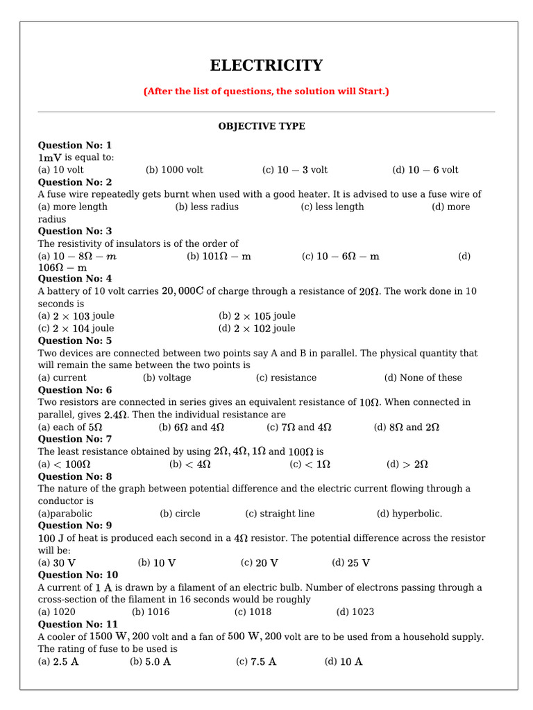 Electricity Objective Questions and Answers | PDF | Series And Parallel ...