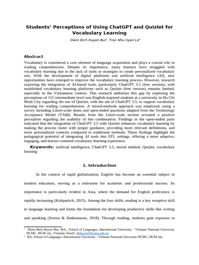 Students' Perceptions of Using ChatGPT and Quizlet For Vocabulary ...