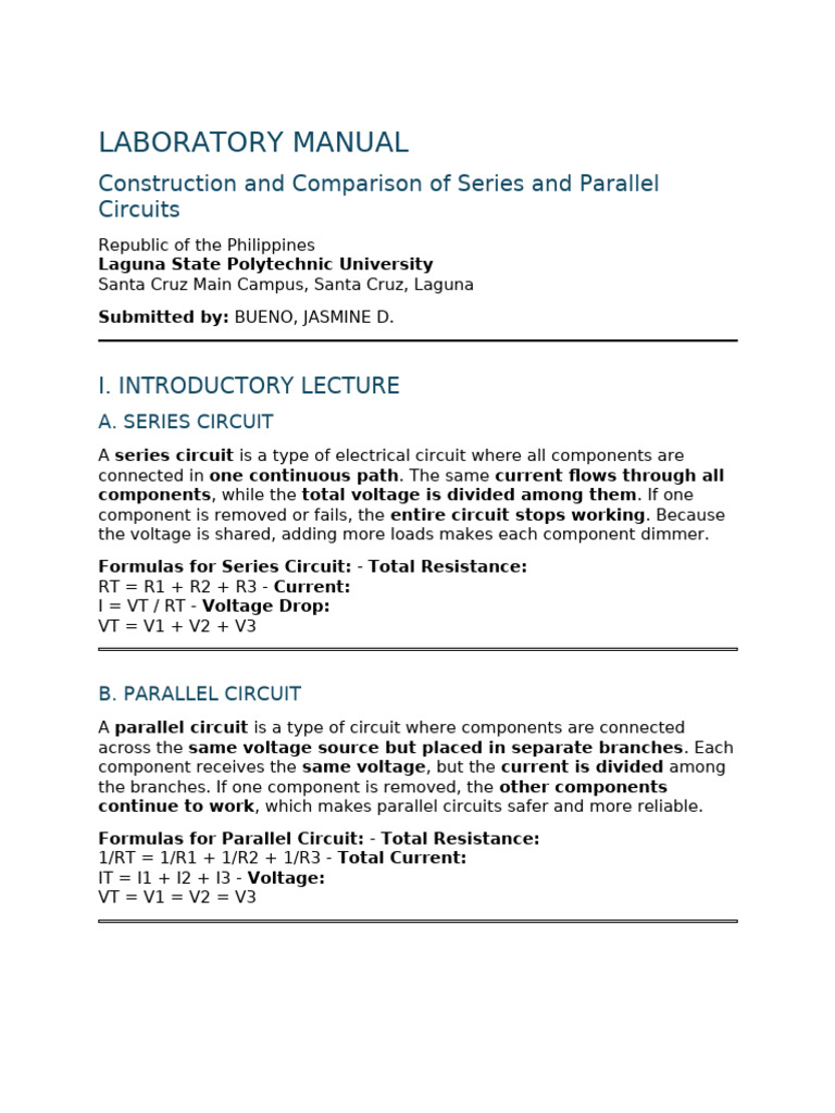 Series and Parallel Circuits Lab Manual | PDF | Series And Parallel ...