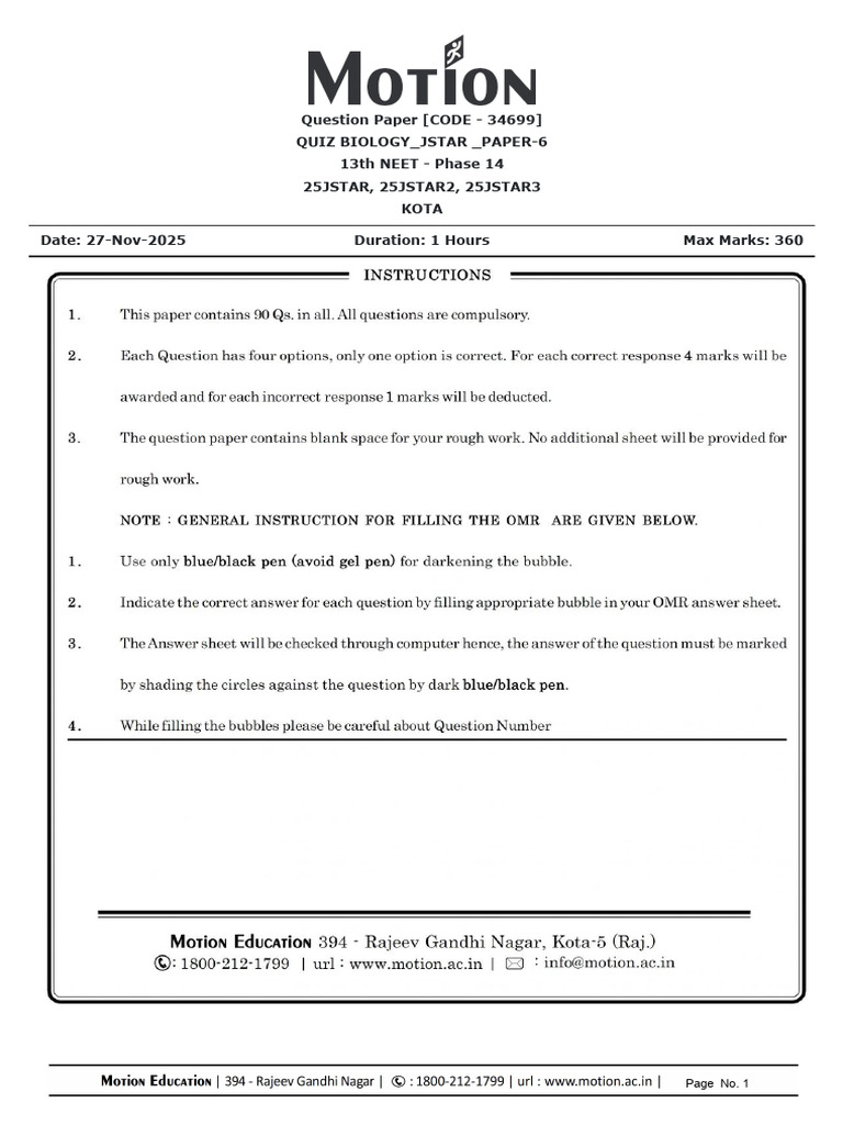 Paper-Bio J Star Quiz 6-27-11-2025 | PDF