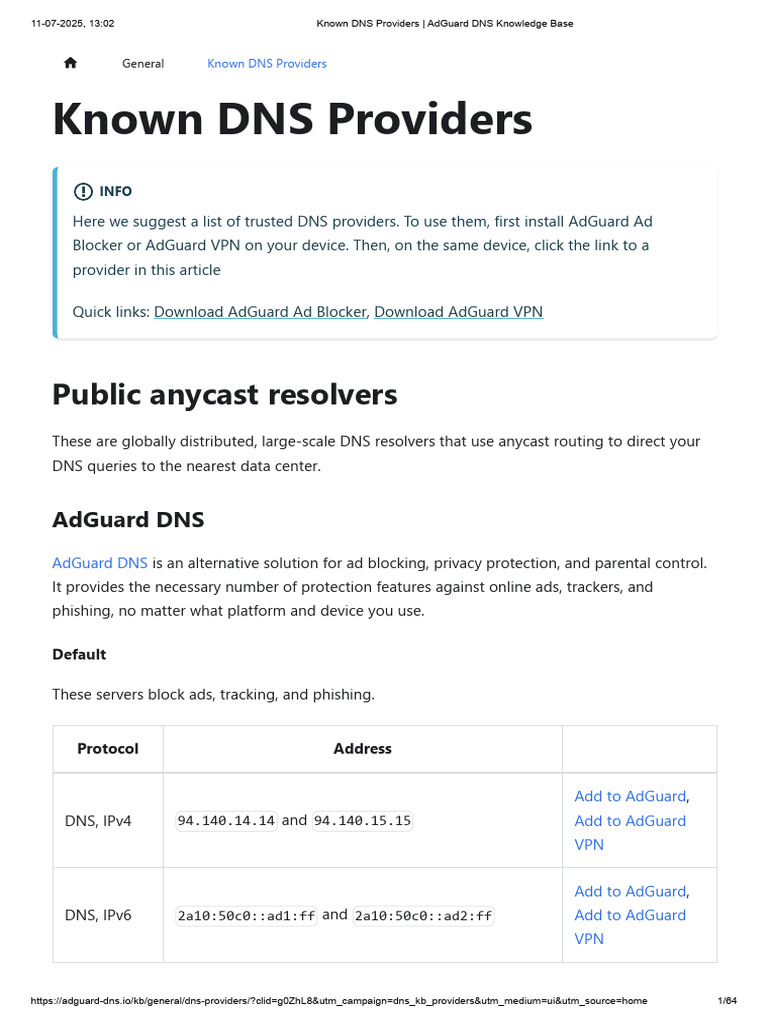Known DNS Providers AdGuard DNS Knowledge Base | PDF | Domain Name System | I Pv6