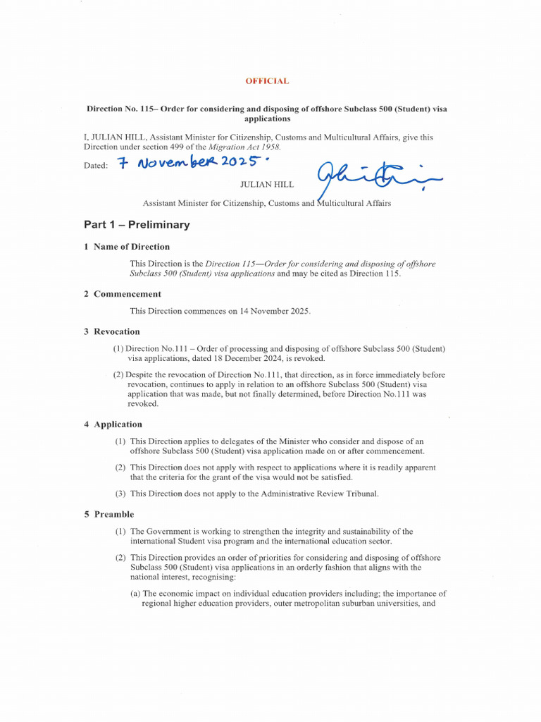 Offshore Subclass 500 Visa Direction 115 | PDF