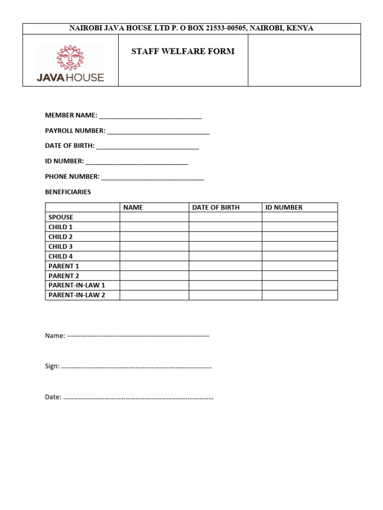 Staff Welfare Form (New) | PDF