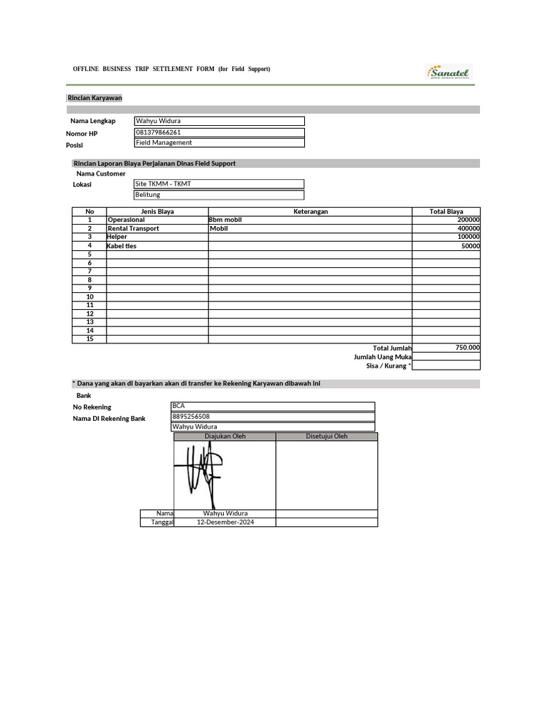 Offline Business Trip Settlement Form | PDF