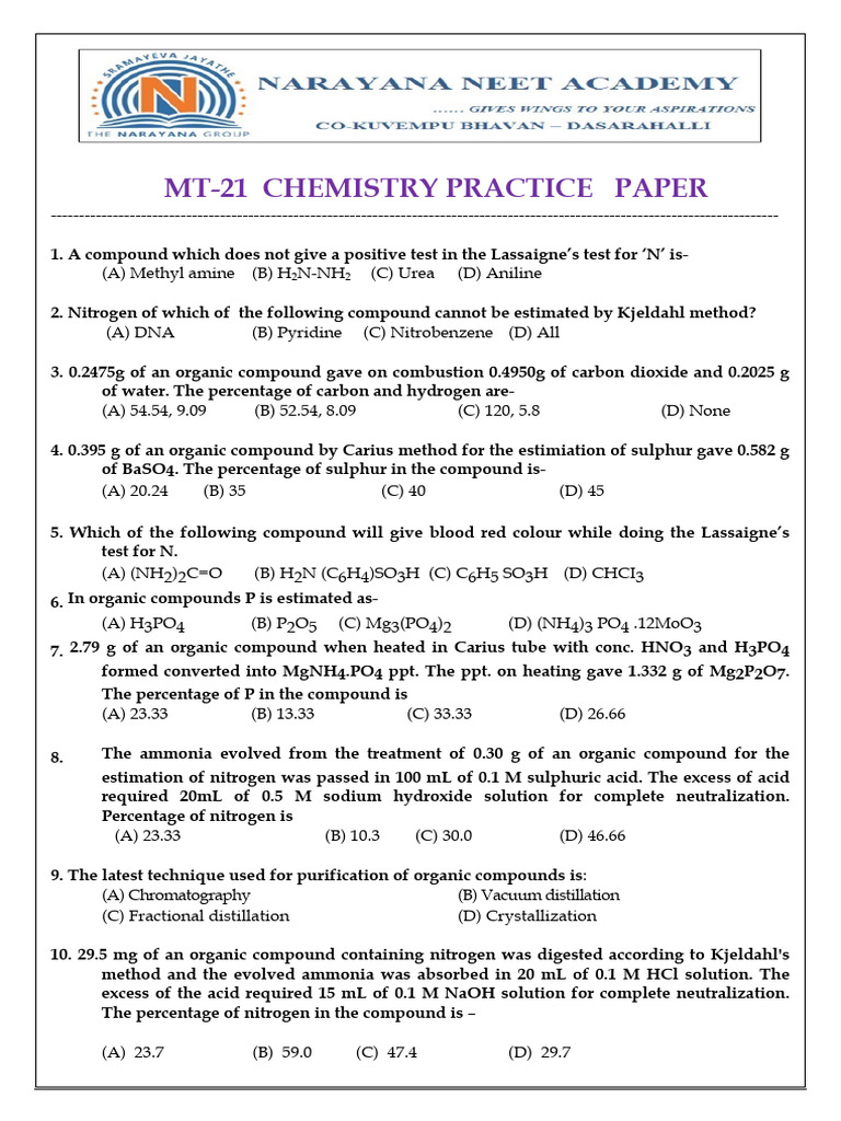 MT-21 Chemistry Practice Paper Questions | PDF | Physical Chemistry ...