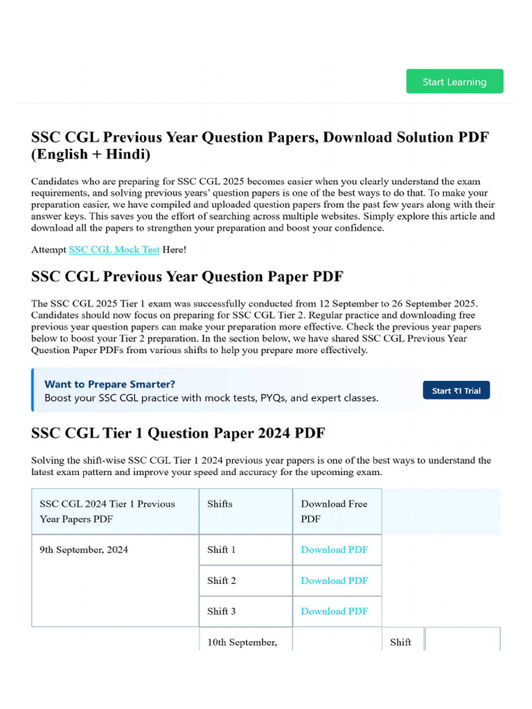 SSC CGL Previous Year Question Papers, Download Solution PDF (English ...