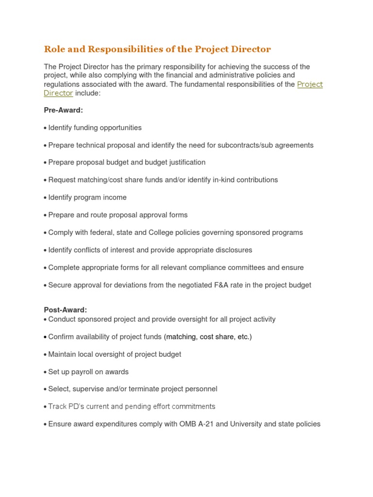 Role and Responsibilities of The Project Director | PDF