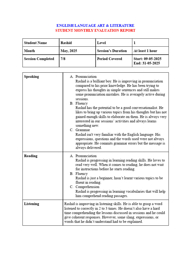 Rashid ELA&L Monthly Report | PDF | Word | Fluency