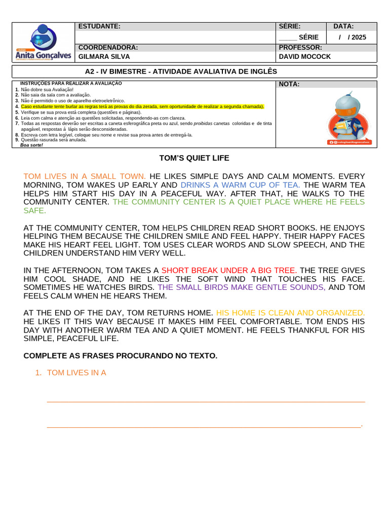 A2 de InglÃªs - GIOVANE, CLARINHA - ADAPTADA - IV bimestre 2025 | PDF ...